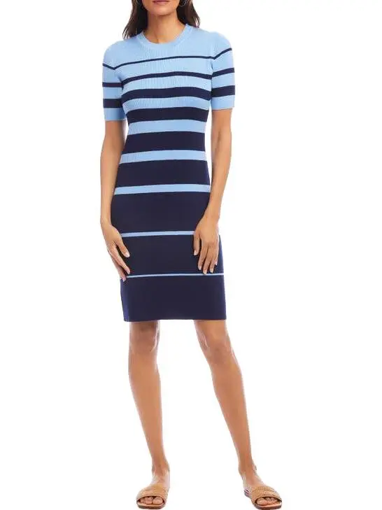 Karen Kane Rib Stripe Short Sleeve Sweater Dress - Lake