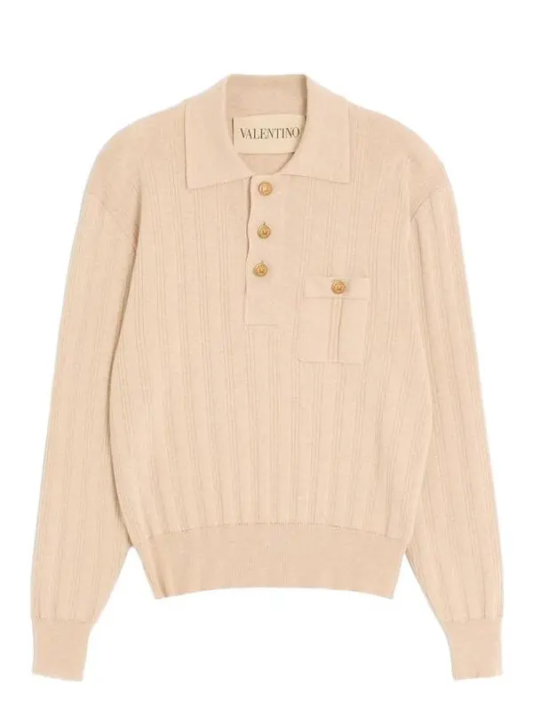 Valentino Garavani Long-sleeved Ribbed Cotton Polo Shirt - Cream