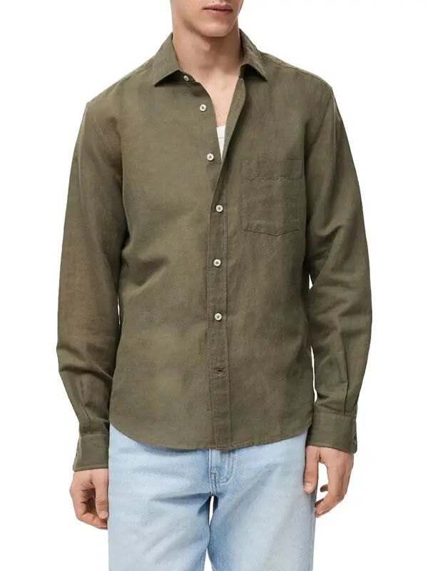 Mango Classic Fit Linen & Cotton Button-up Shirt - Khaki Green