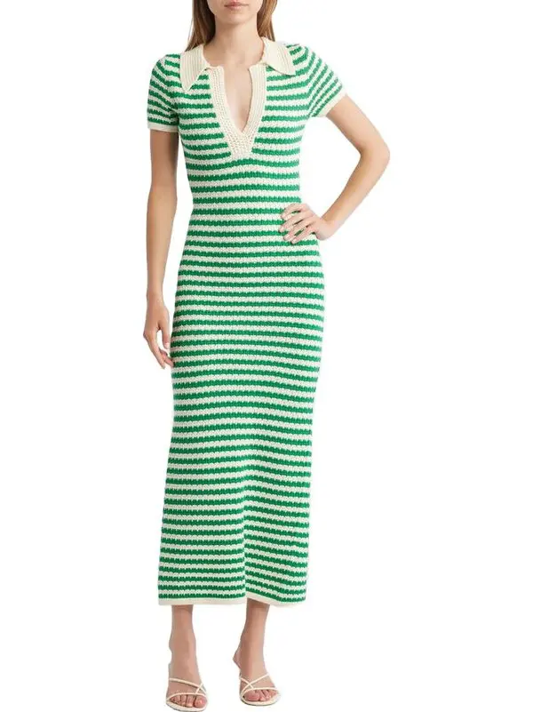 Moon River Johnny Collar Striped Sweater Dress - Green