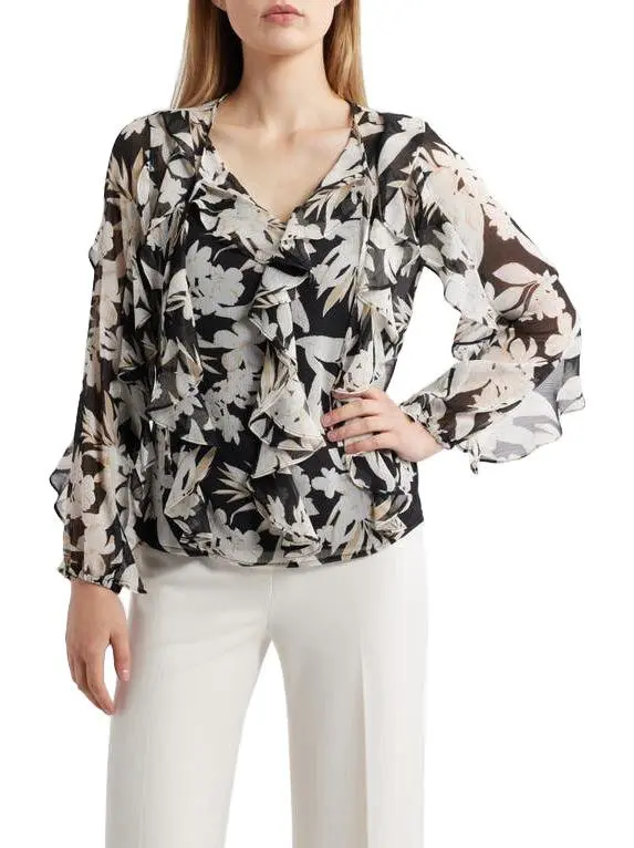Anne Klein Print Ruffle Tie Neck Top - Anne Black Multi
