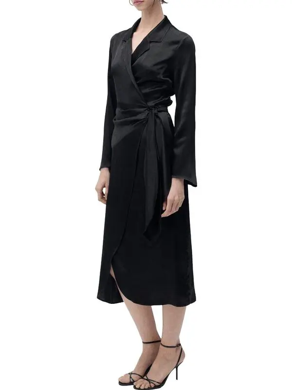 Mango Satin Wrap Midi Shirtdress - Black