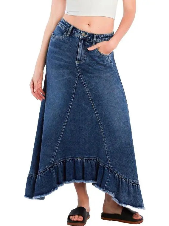 WASH LAB DENIM Pieced Ruffle Maxi Skirt - Shark Blue