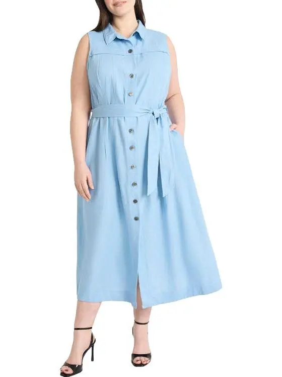 Maggy London Tie Waist Sleeveless Maxi Shirtdress - Blissful Blue