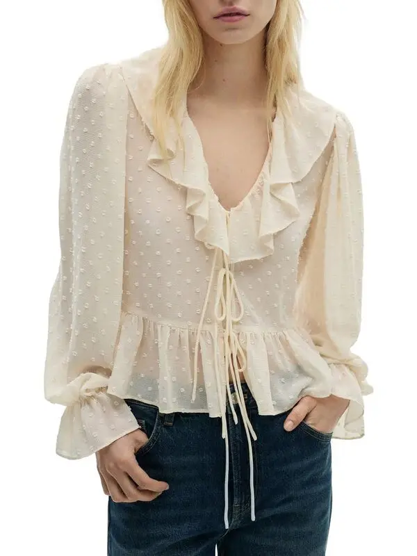 Mango Ruffle Long Sleeve Top - Ecru