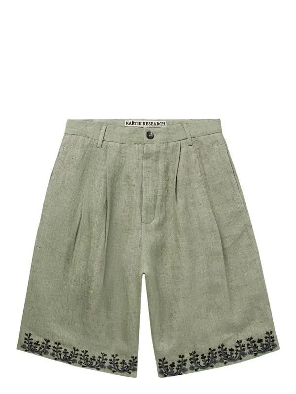 KARTIK RESEARCH Wide-leg Pleated Embroidered Cotton Shorts - Green