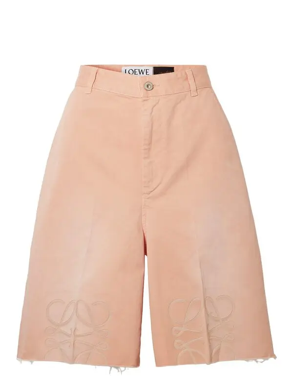 Loewe Anagram Cutout Frayed Pleated Cotton-twill Shorts - Pink