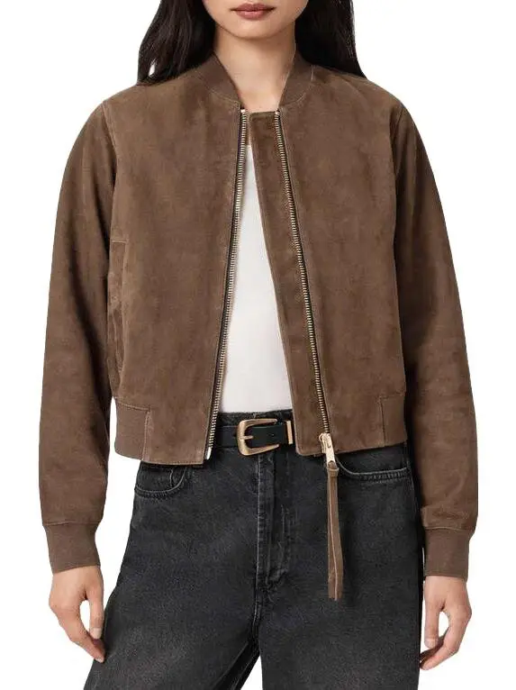 ALLSAINTS Orten Suede Bomber Jacket - Mocha Brown