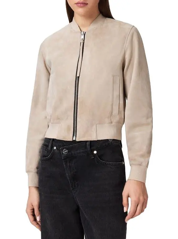 ALLSAINTS Orten Suede Bomber Jacket - Silver Birch Grey