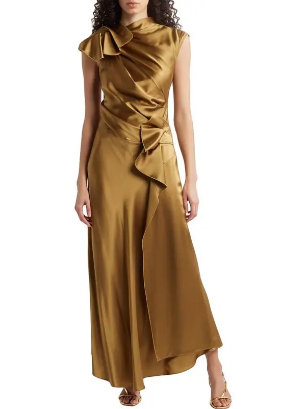 Acler Ramshaw Metallic Pleated Satin Gown - Golden Moss