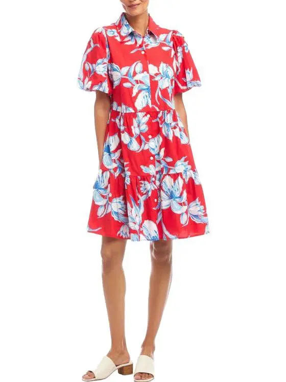 Karen Kane Tiered A-line Dress With Puff Sleeves - Print