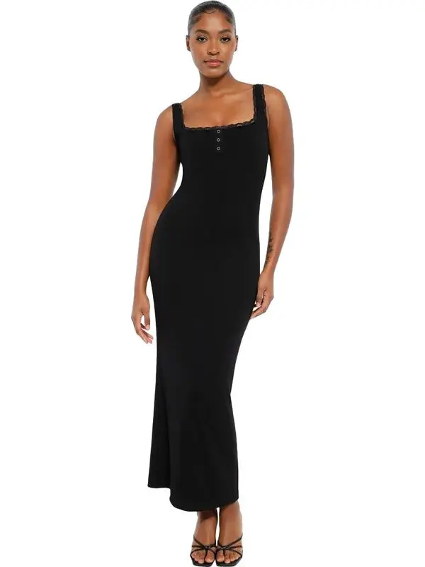 POPILUSH Shapewear Modal Slimming Lace Trim Henley Tank Maxi Dress - Midnight Black