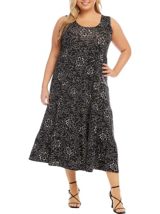 Karen Kane Floral Print Tiered Sleeveless Midi Dress - Black Print