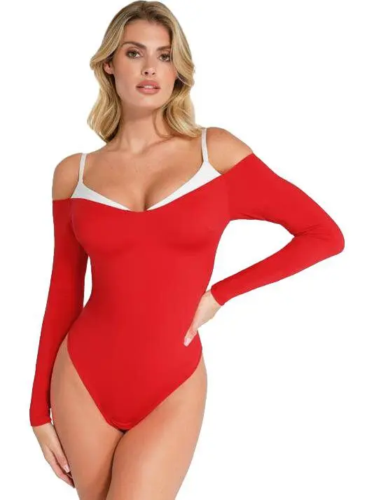POPILUSH Shapewear Long Sleeve Cold Shoulder Bodysuit - Rust Red