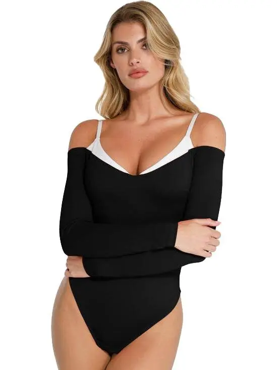 POPILUSH Shapewear Long Sleeve Cold Shoulder Bodysuit - Standard Black