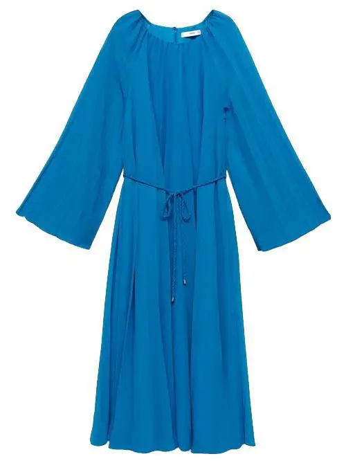 Mango Long Sleeve Pleated Midi Dress - Blue