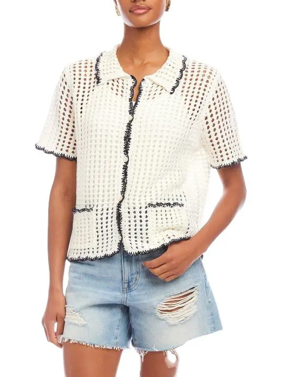 Fifteen Twenty Gemma Open Knit Button-up Shirt - Off White / Navy