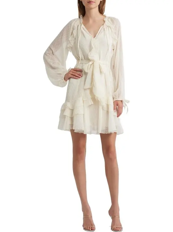 LIPSY Dotty Ruffle Tie Waist Long Sleeve Dress - Neutral