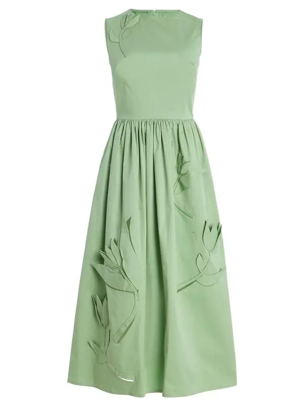 Oscar De La Renta Riviera Floral-appliquéd Cotton Midi Dress - Green
