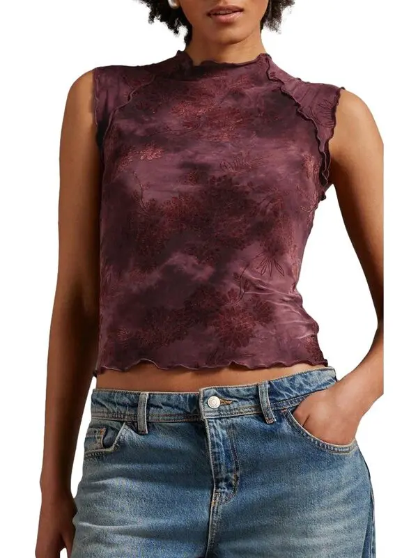 NEXT Flocked Floral Print Lettuce Hem Top - Pink