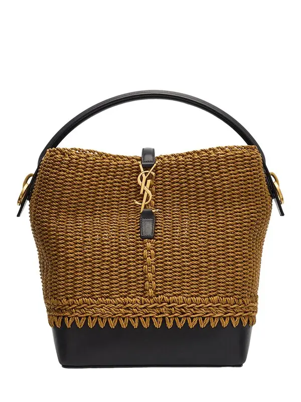 Saint Laurent Le 37 Bucket Bag In Raffia And Leather - Brownie/nero