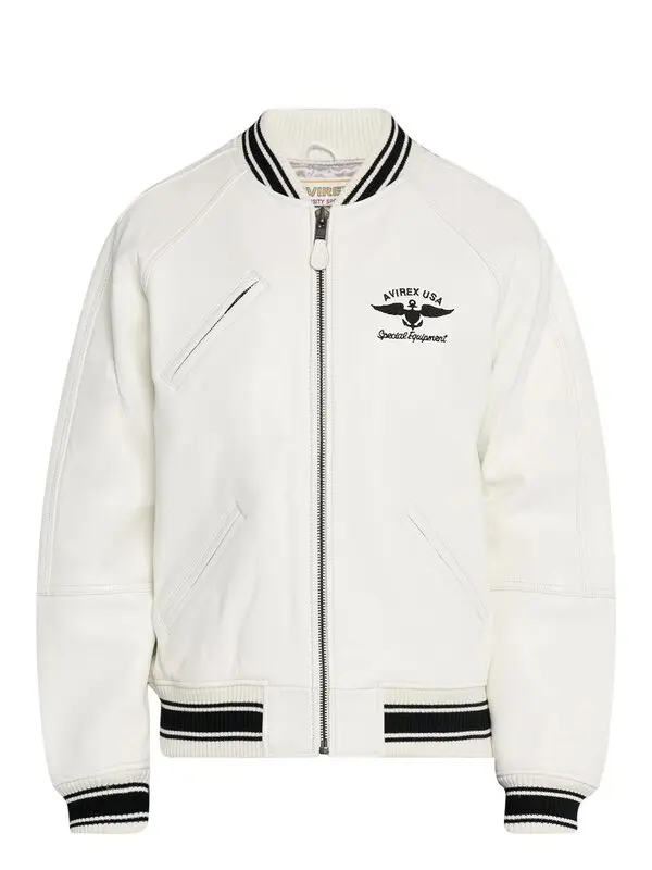 AVIREX Stadium Embroidered Leather Varsity Jacket - Snow White