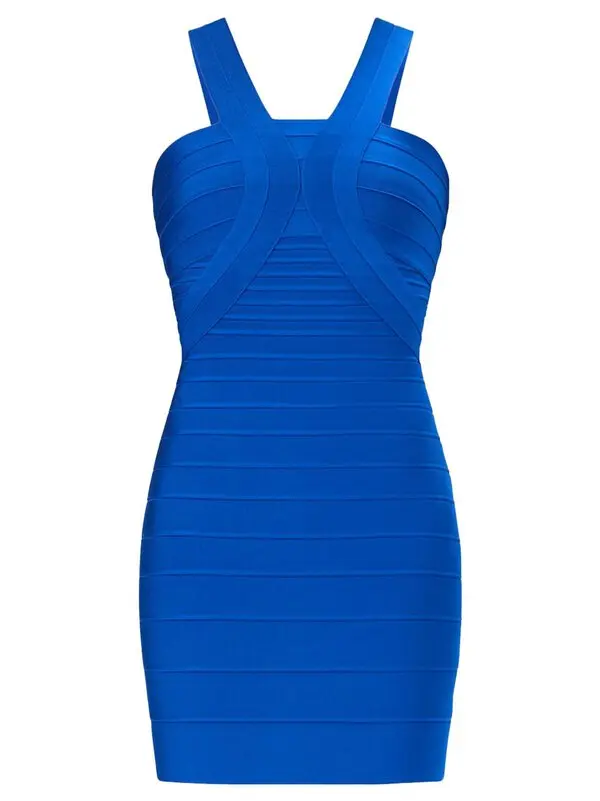 Herve Leger The Elise Ribbed Bodycon Halter Mini Dress - Bright Blue