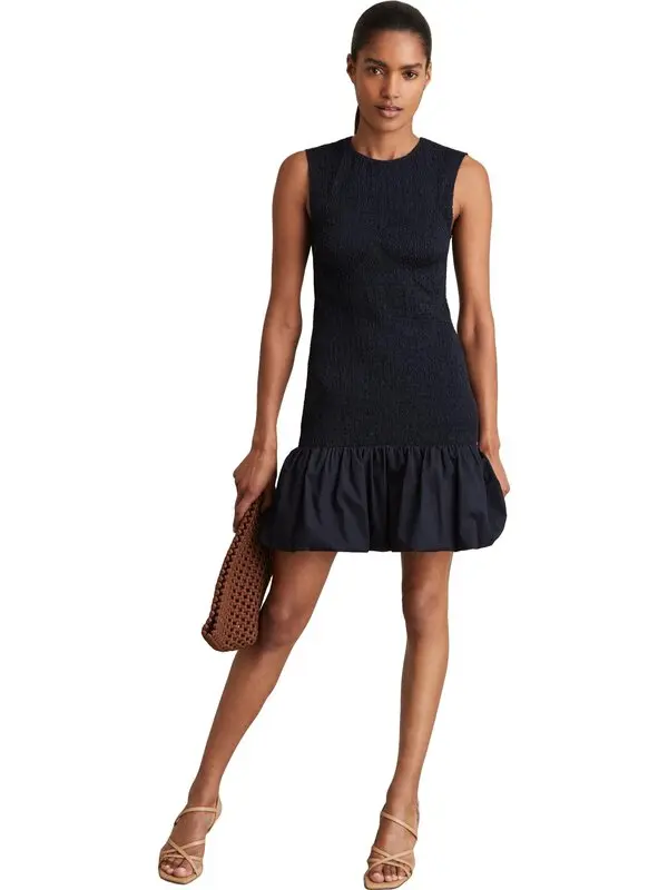REISS Belinda Cotton Shirred Mini Dress Bubble Hem - Navy