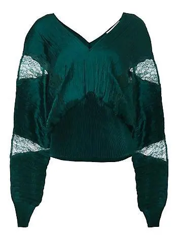 LEEM Lace Insert Plisse Long-sleeve Woven Top - Green