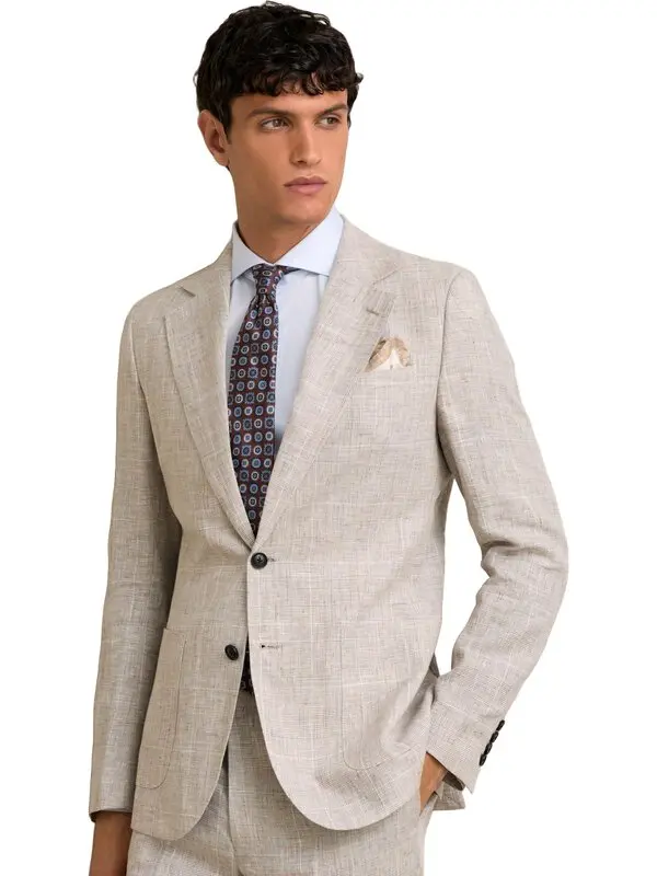 REISS Ashton Slim Fit Linen Single Breasted Check Suit Blazer - Oatmeal