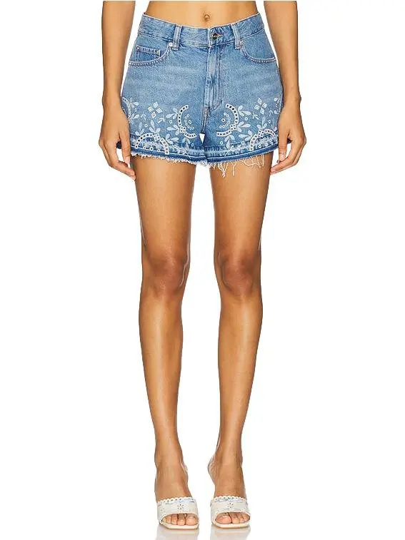 GANNI Broderie Anglaise Denim Shorts - Light Blue Stone