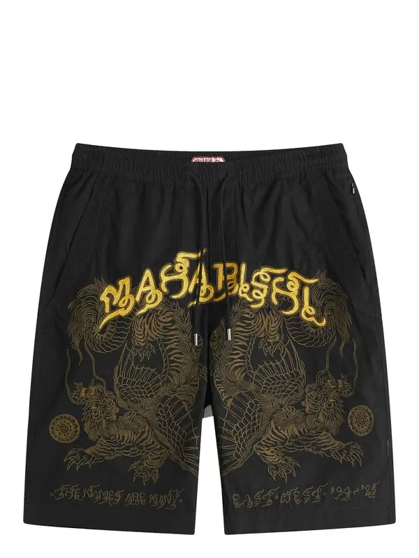 MAHARISHI Muay Thai Embroidered Tiger Dragon Shorts - Black