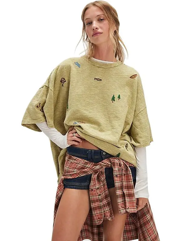 Free People We The Free Embroidered Camp T-shirt - Moss Combo