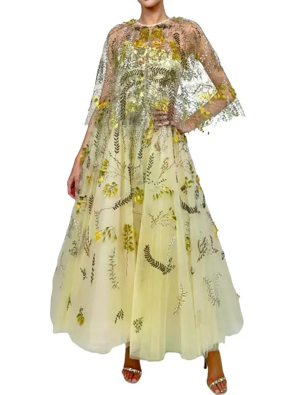Monique Lhuillier Floral-embroidered Dress - Yellow