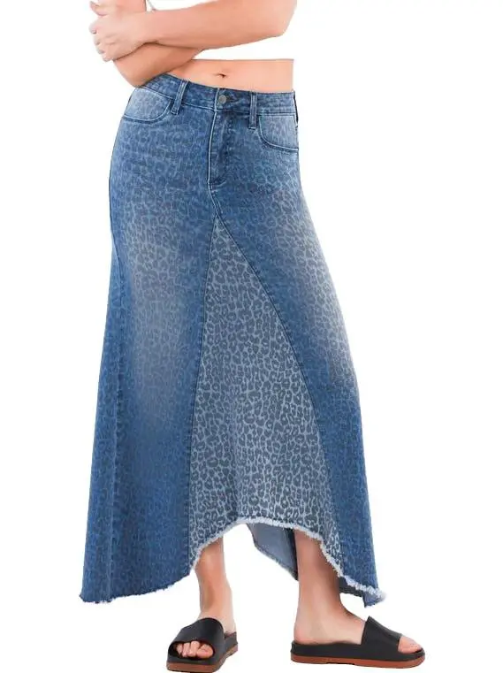 WASH LAB DENIM Selma Animal Print Denim Skirt - Mixed Denim Leopard