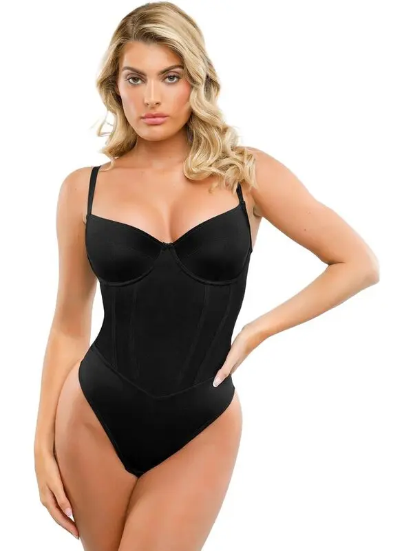 POPILUSH Shapewear Tummy Control Corset Thong Bodysuit - Midnight Black