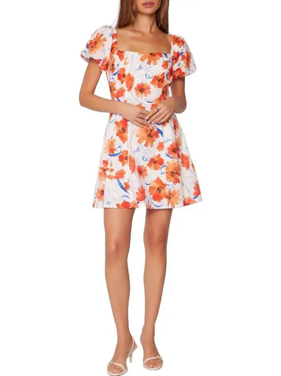 LOST + WANDER Poppy Blooms Cotton Mini Dress - White Orange Floral