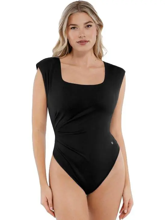 POPILUSH Square Neck Padded Shoulder Thong Bodysuit - Midnight Black