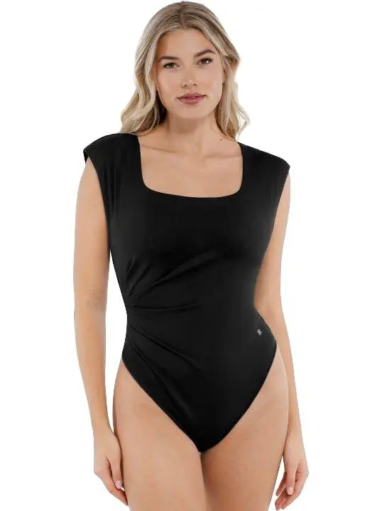 POPILUSH Square Neck Padded Shoulder Thong Bodysuit - Midnight Black