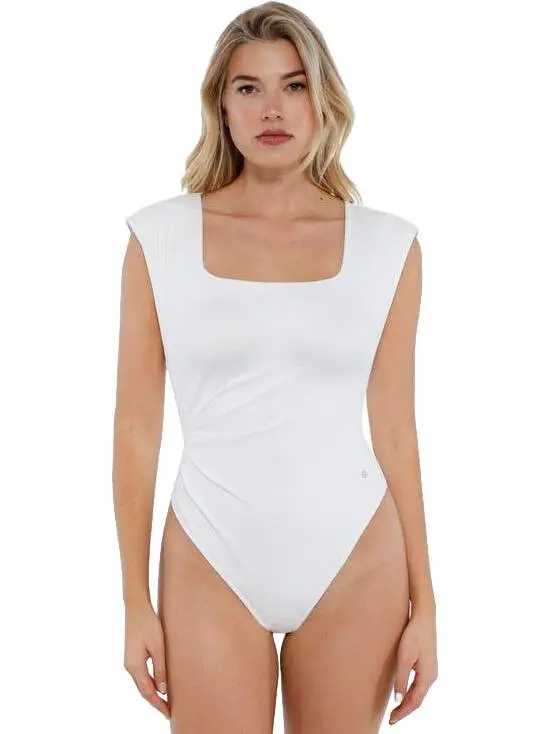 POPILUSH Square Neck Padded Shoulder Thong Bodysuit - Pearl White