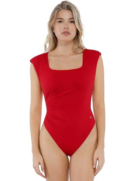 POPILUSH Square Neck Padded Shoulder Thong Bodysuit - Rust Red