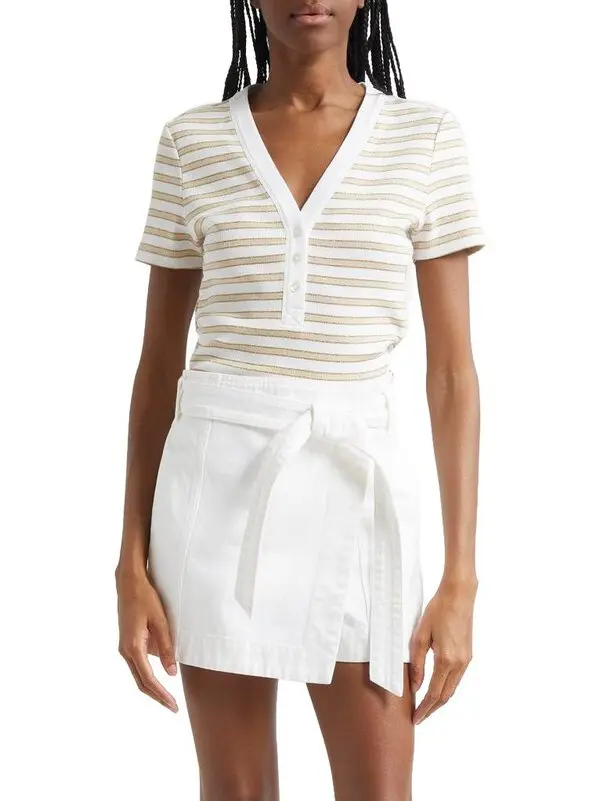 Veronica Beard Dekalb Striped Henley Top - Khaki White