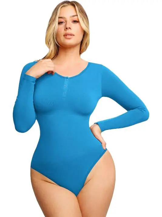 POPILUSH Shapewear Seamless Modal Henley Bodysuit - Blue Blossom