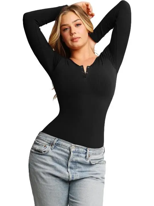 POPILUSH Shapewear Seamless Modal Henley Bodysuit - Jet Black