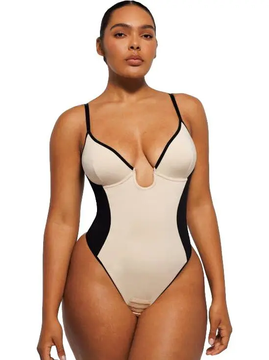 SHAPELLX Airslim Deep Plunge Thong Shaping Bodysuit - Ivory