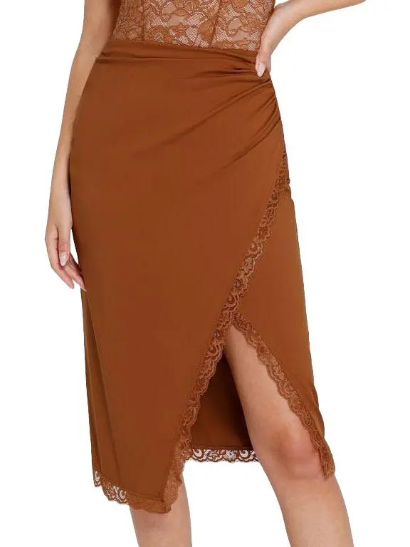 POPILUSH Shapewear Lace Trim Midi Wrap Skirt - Caramel