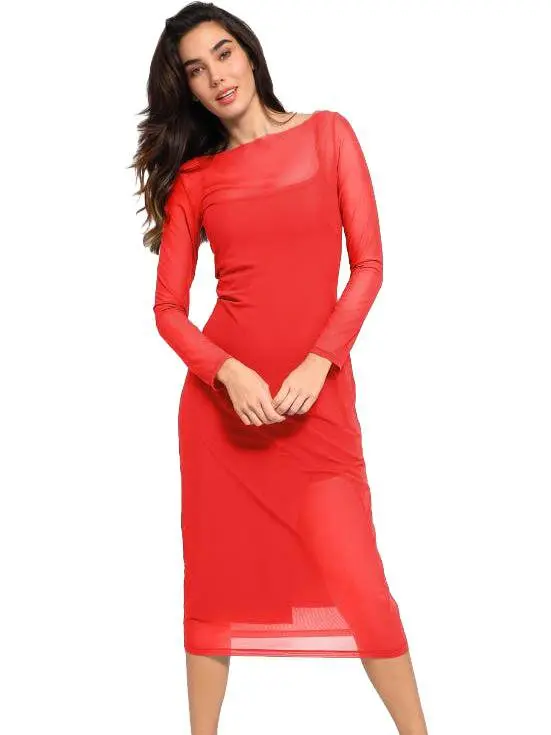 POPILUSH Shapewear Slimming Midi Dress With Sheer Mesh Overlay - Cherry Red