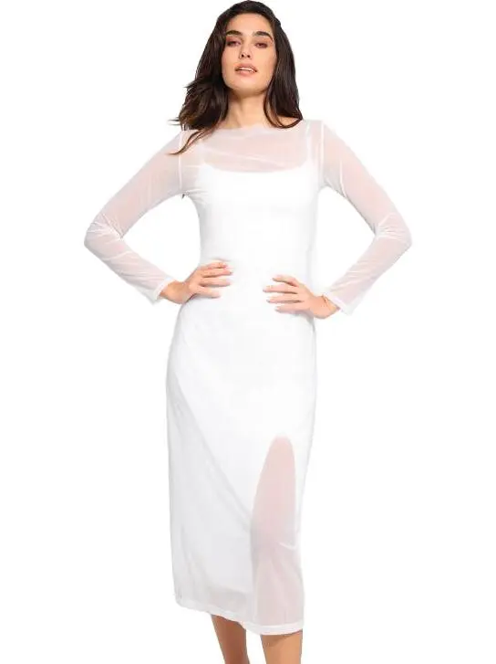 POPILUSH Shapewear Slimming Midi Dress With Sheer Mesh Overlay - Ivory White
