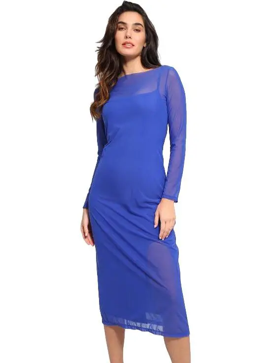 POPILUSH Shapewear Slimming Midi Dress With Sheer Mesh Overlay - Royal Blue