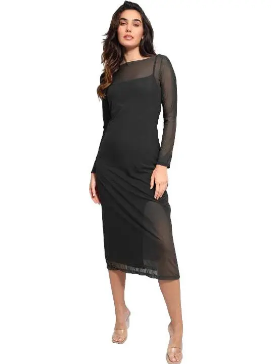 POPILUSH Shapewear Slimming Midi Dress With Sheer Mesh Overlay - Solid Black